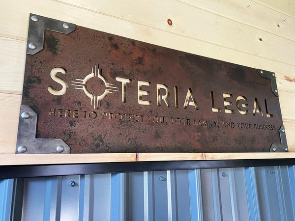 Rust Patina Metal Business Sign with Steel Decorative Corners, Your Lo ...