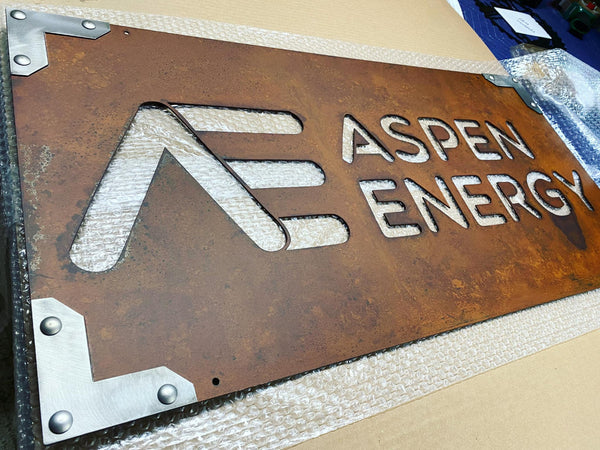 Rust Patina Metal Business Sign with Steel Decorative Corners, Your Lo ...