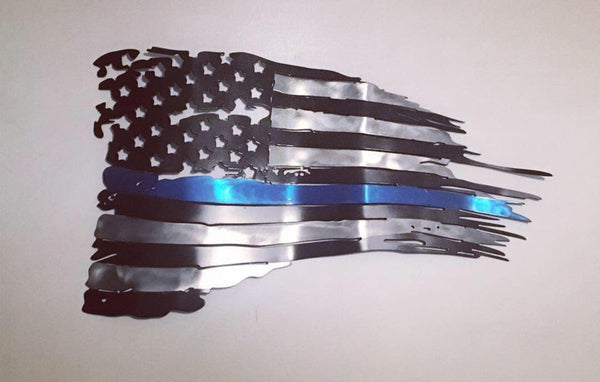Thin Blue Line Tattered Metal Flag; Thin Red Line - American ...