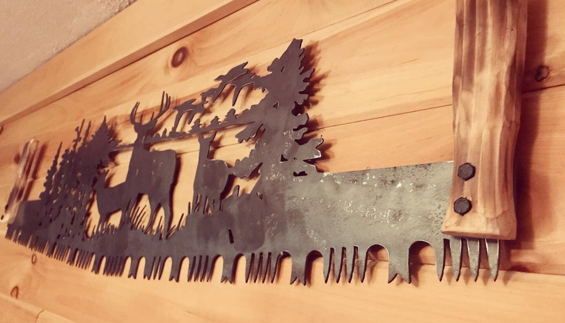 Wildlife Scene Cross Cut Saw with Hand Widdled Handles - Wall Decor ...