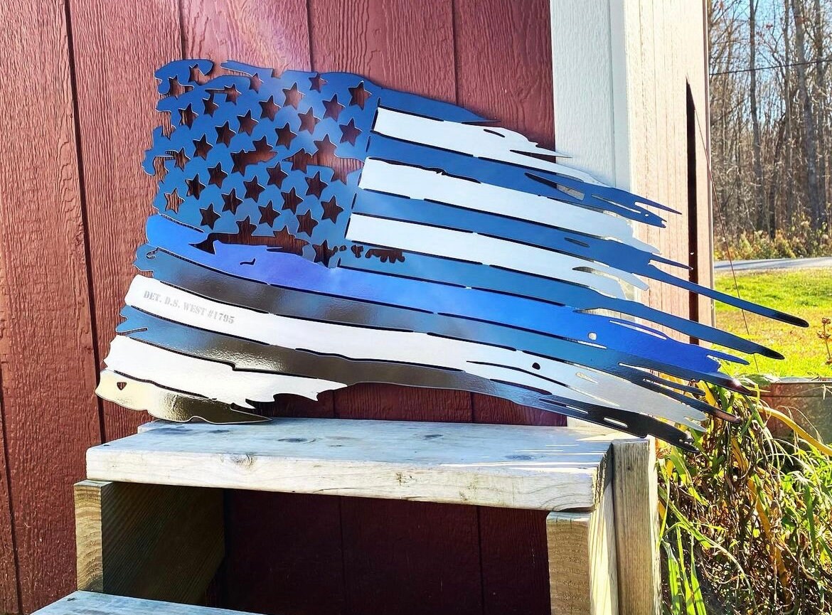 Thin Blue Line Tattered Steel Flag with Personalization - American ...