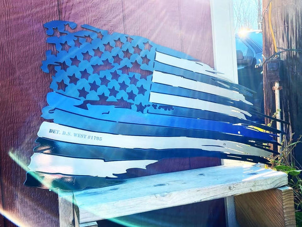 Thin Blue Line Tattered Steel Flag with Personalization - American ...