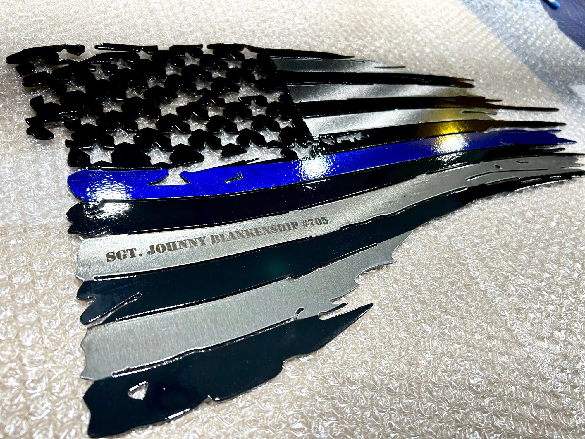 Thin Blue Line Tattered Steel Flag with Personalization - American ...