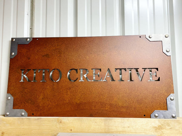 Rust Patina Metal Business Sign with Steel Decorative Corners, Your Lo ...